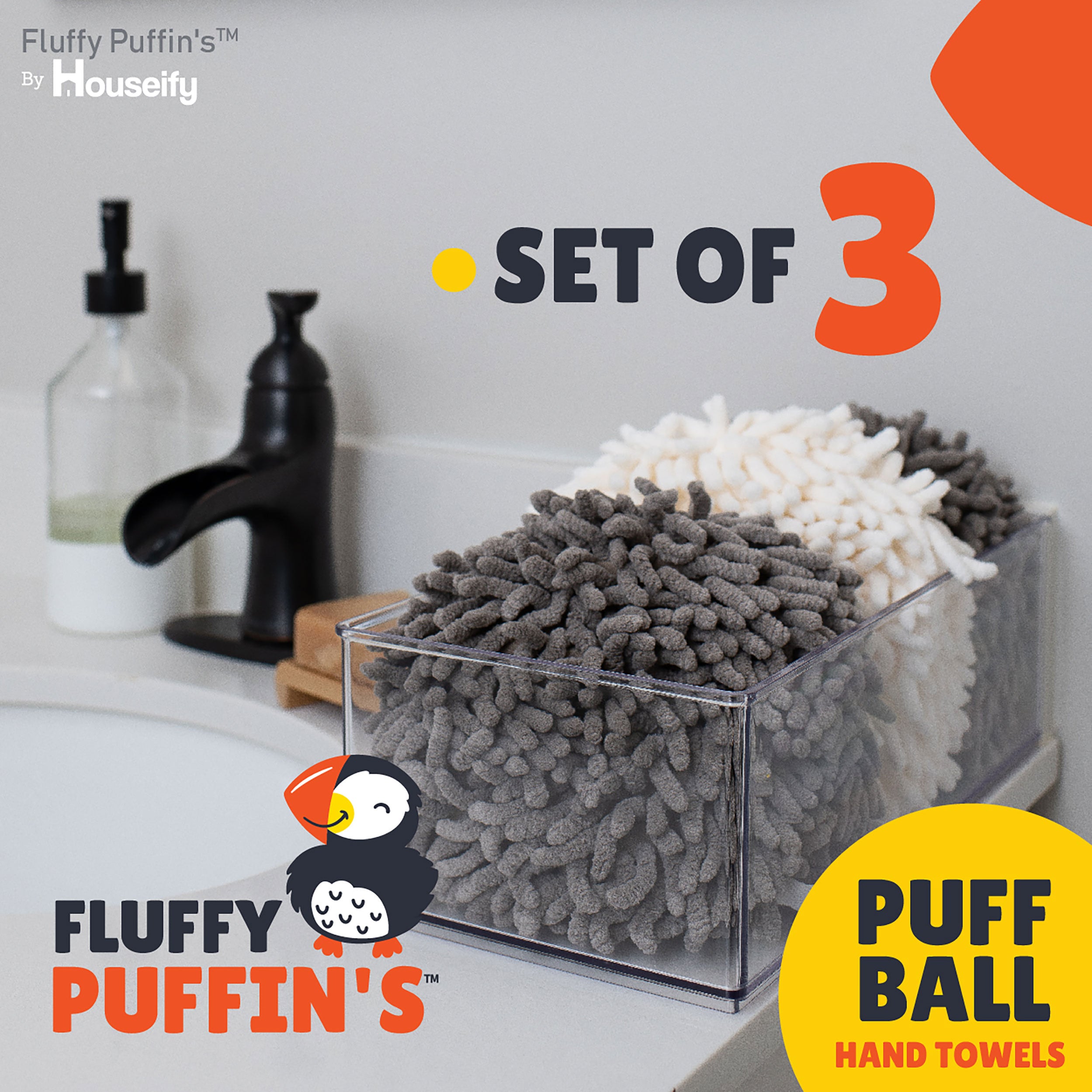 Fluffy Puffin's Fluff Ball Hand Towels, Set of Three, with Wall Hook A ...