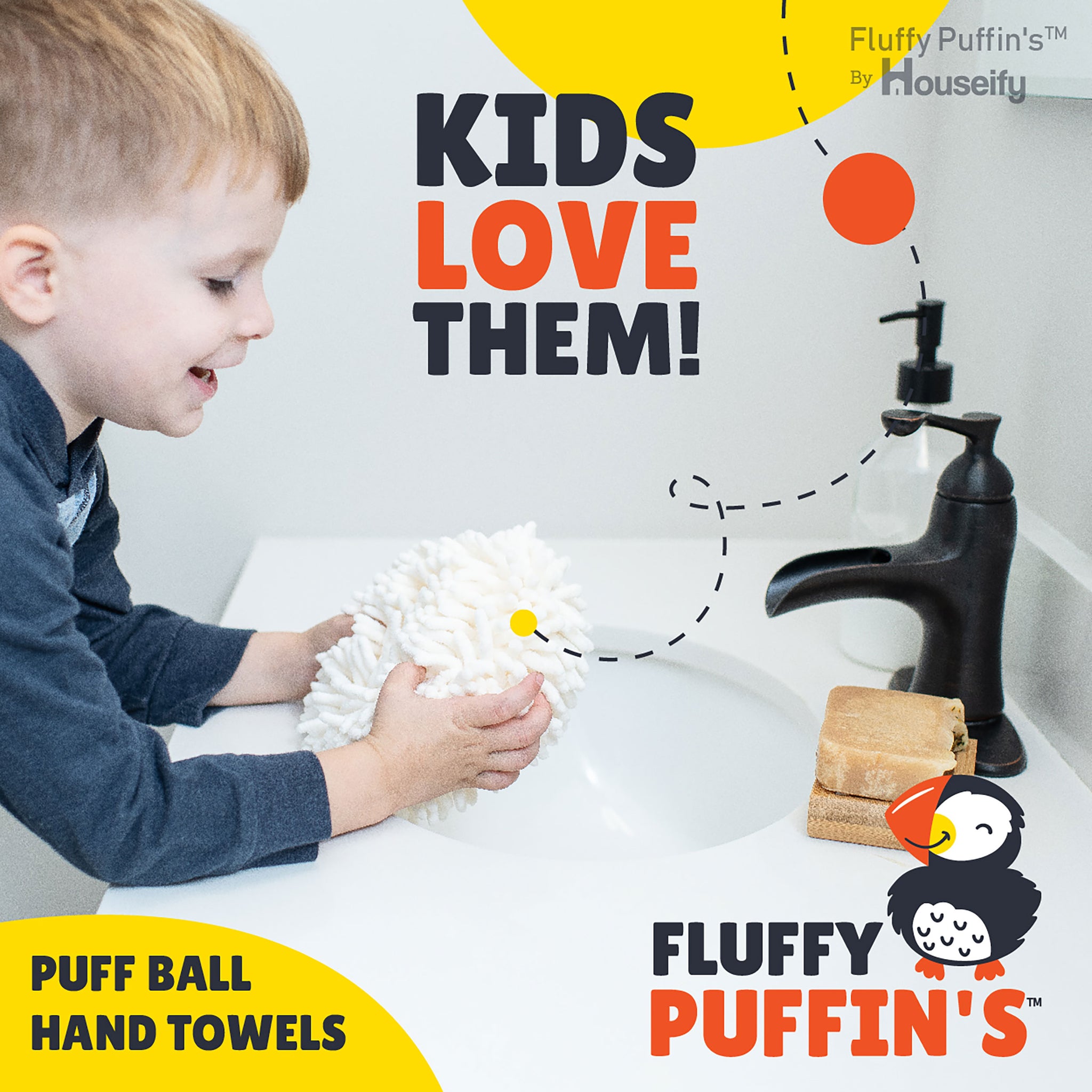 Fluffy Puffin's Fluff Ball Hand Towels, Set of Three, with Wall Hook A ...