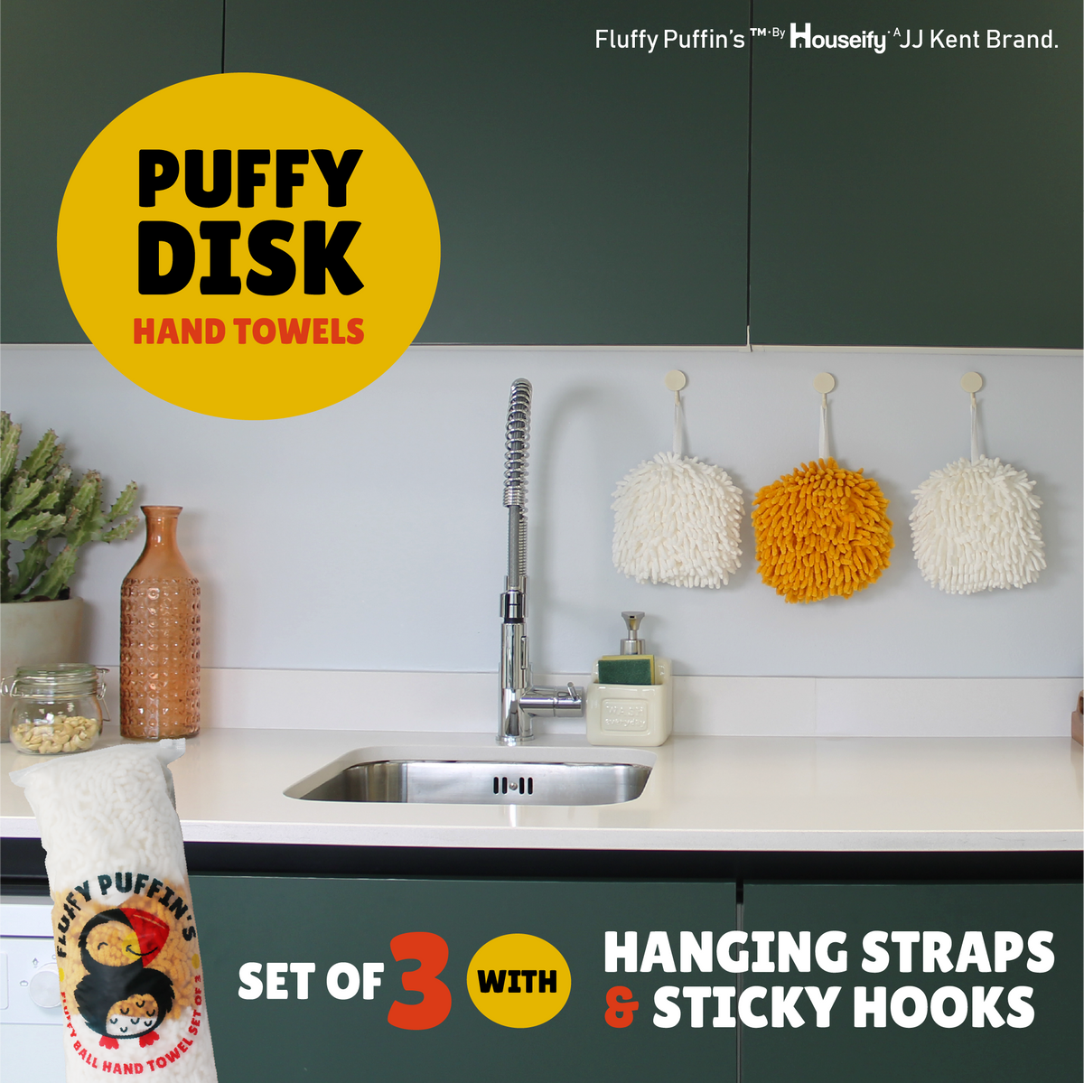 Fluffy Puffin's Fluff Ball Hand Towels, Set of Three, with Wall Hook A ...